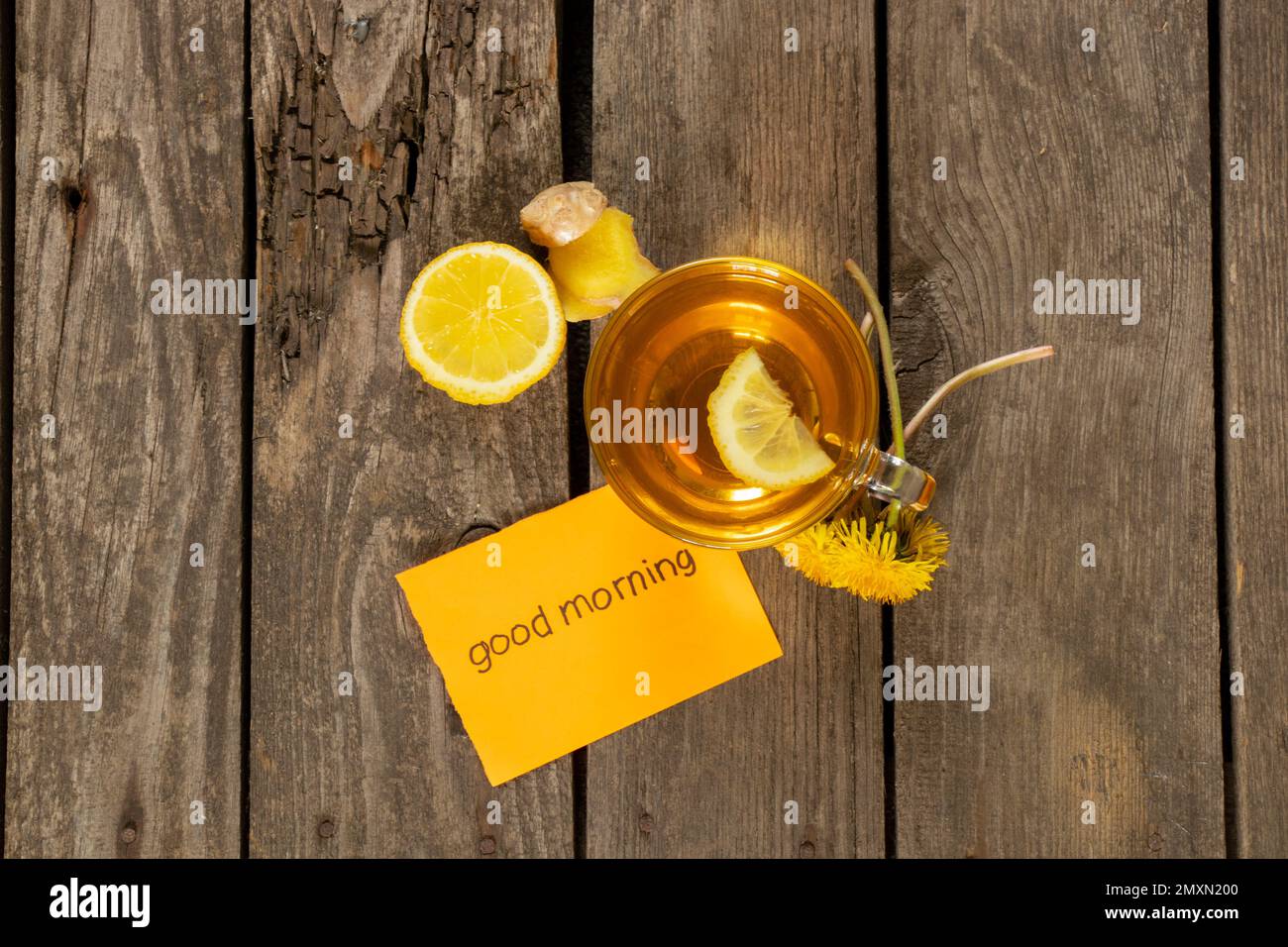 a cup of tea with lemon dandelions and the words in English good ...