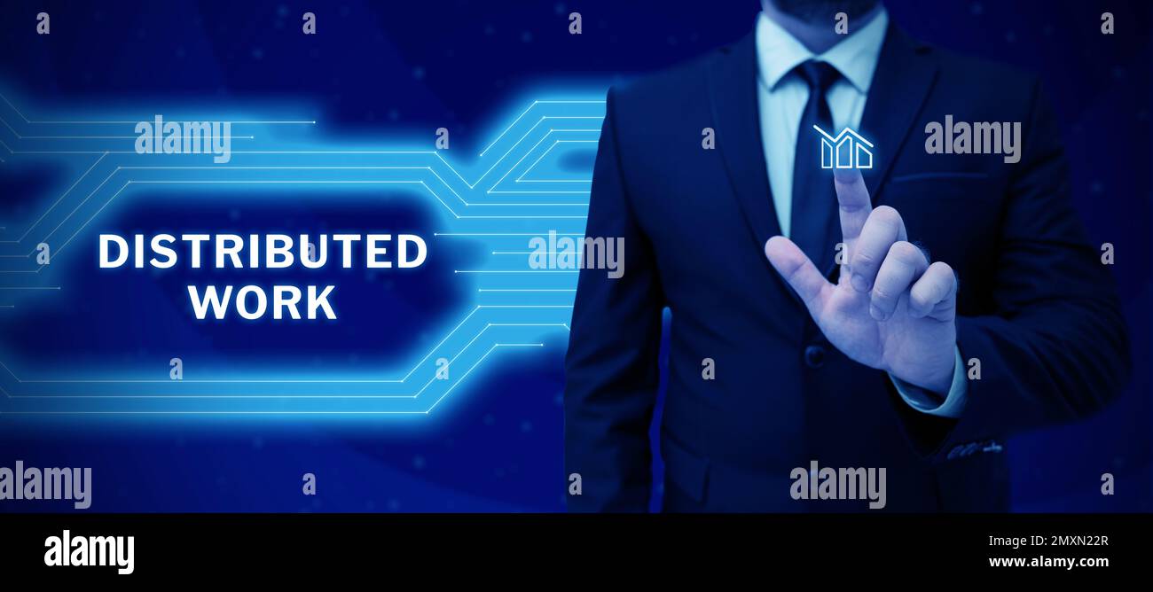 Conceptual caption Distributed Work. Business concept practiced by enterprises using network ...