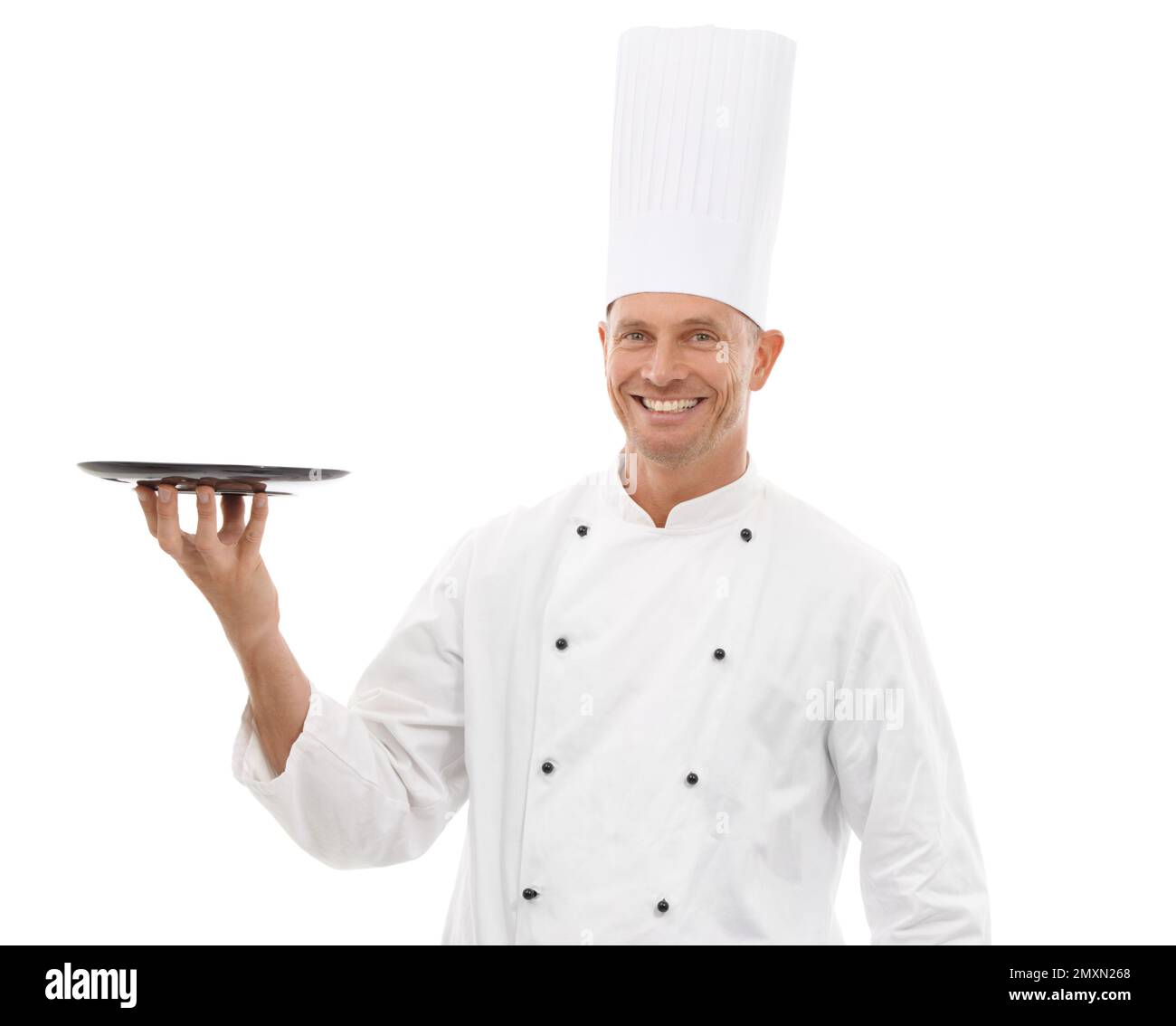 Chef holding tray, confident portrait and smile presenting promo or ...