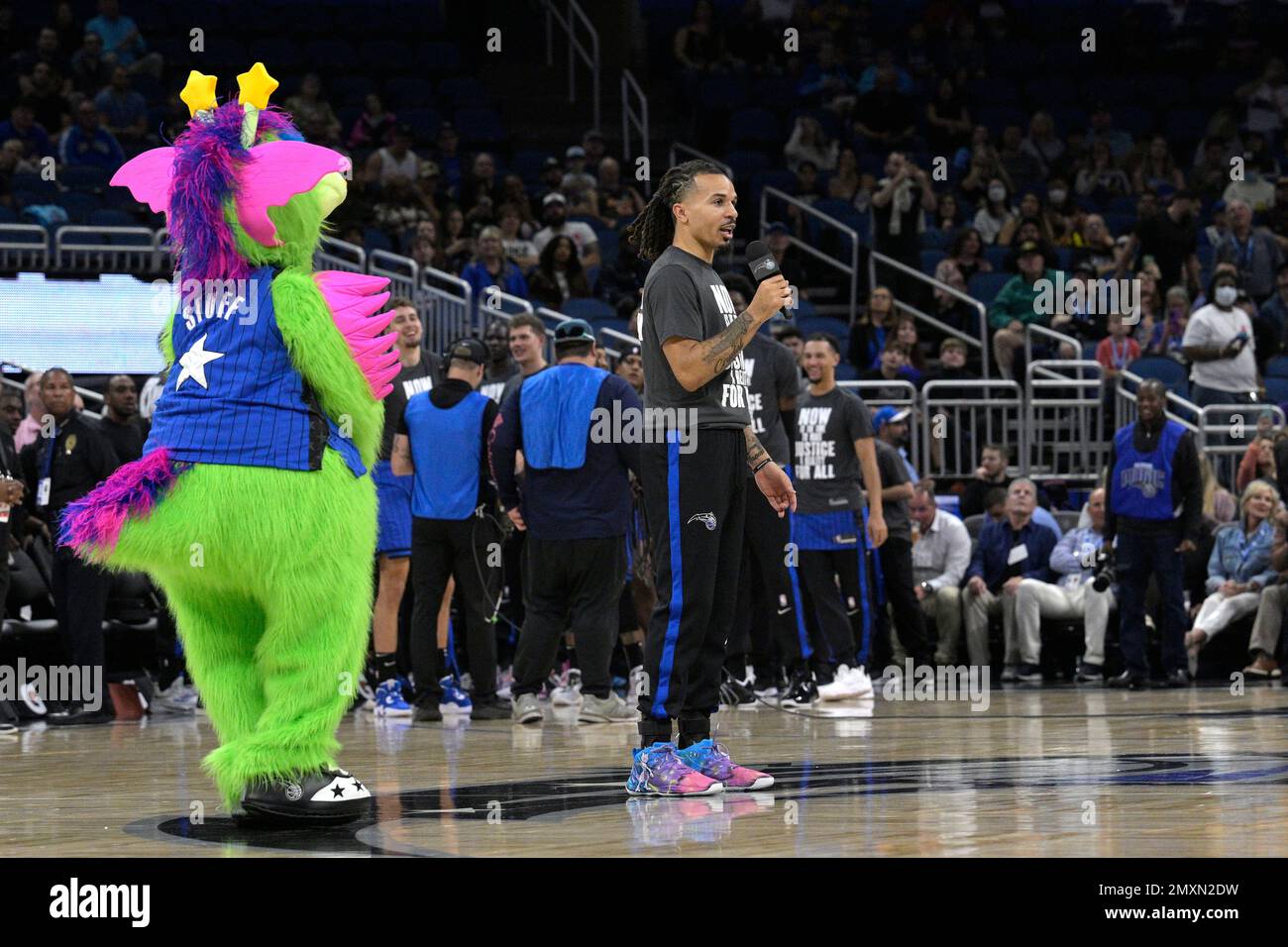 Orlando Magic guard Cole Anthony welcomes fans before an NBA basketball ...