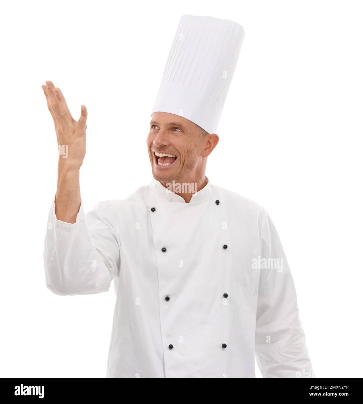 Man, chef and celebrating skill for taste, cooking or creation standing ...