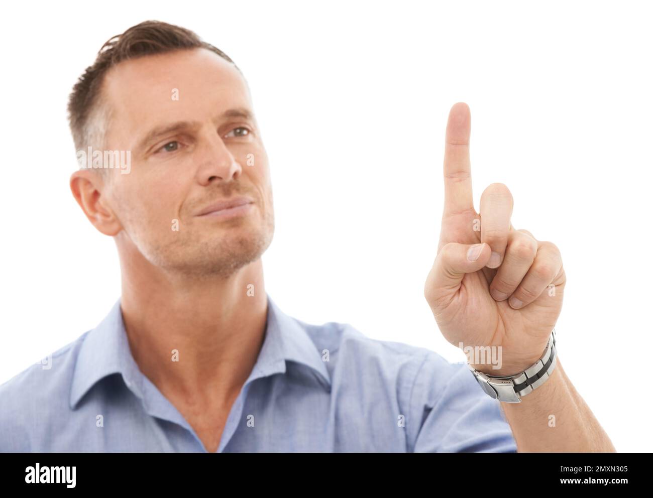 Business man, face with finger pointing and touch, virtual screen and ...