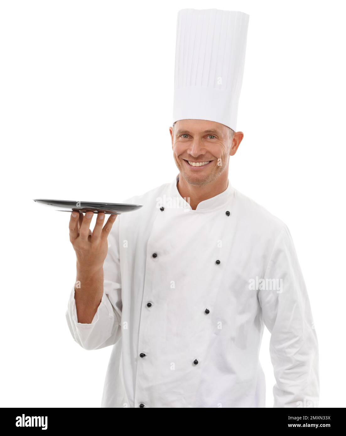 Portrait of chef, empty tray and smile, presenting menu special promo ...