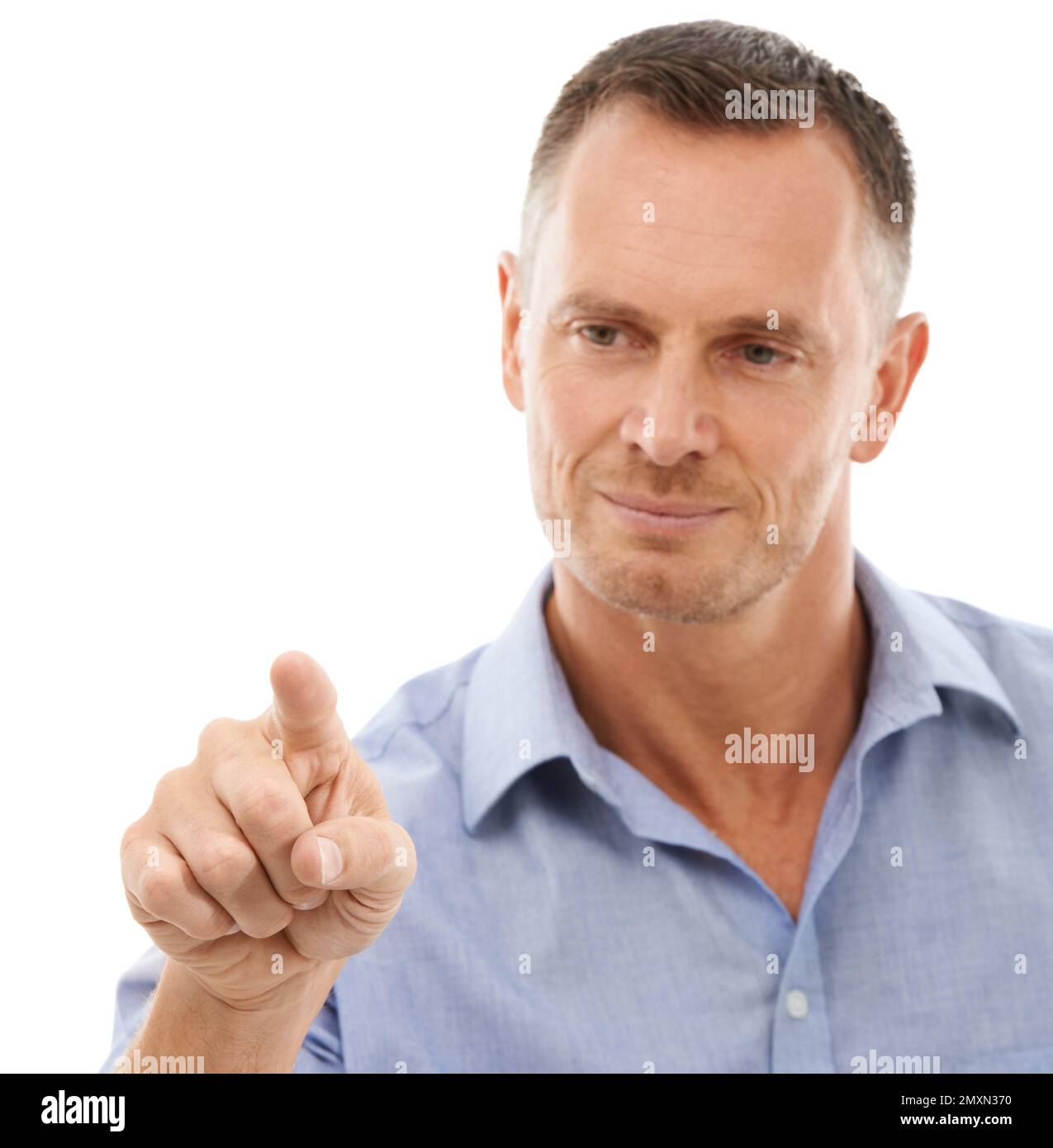 Business man, hand with finger point and touch, virtual screen and ...