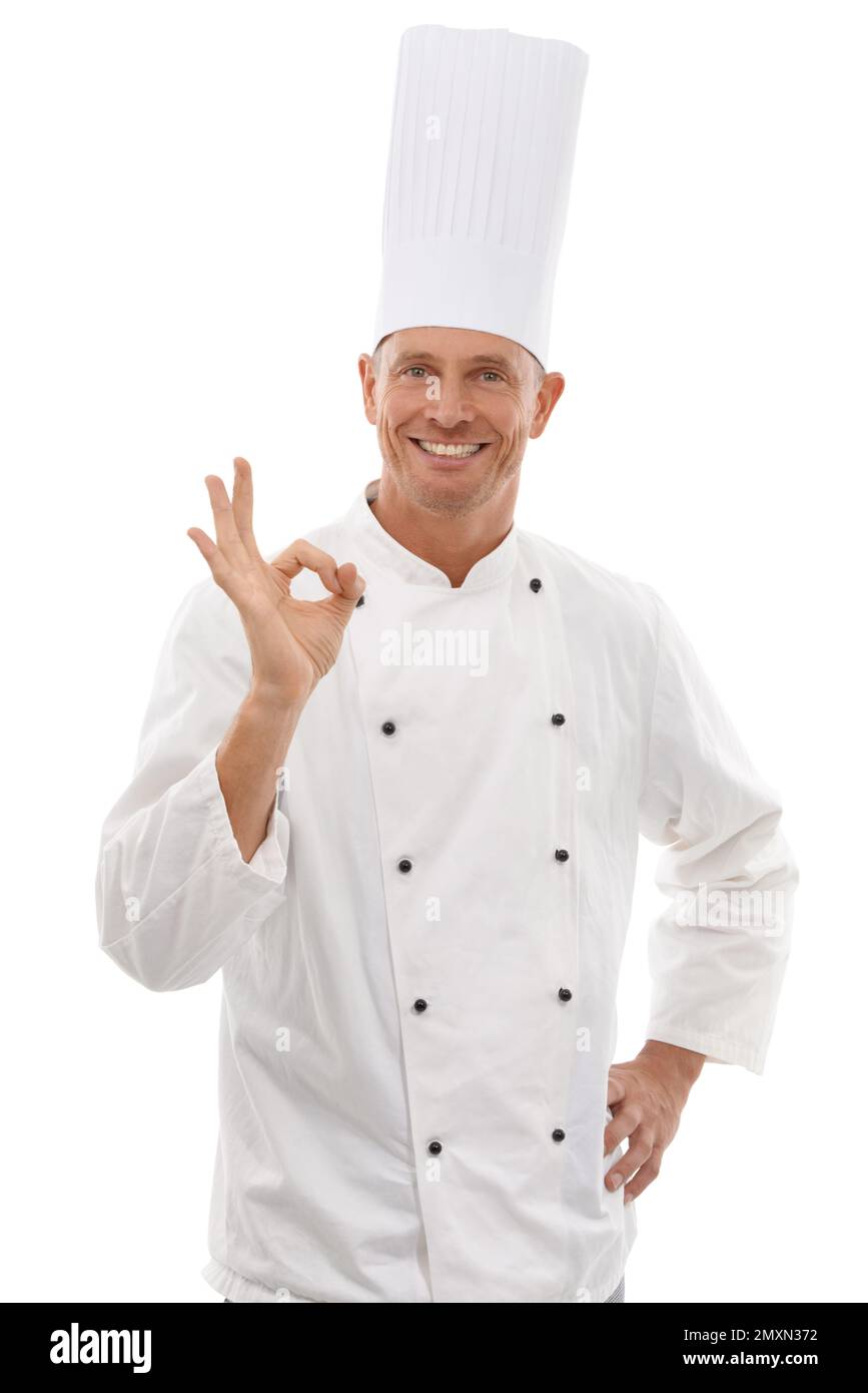 Portrait of chef, man with ok hand gesture and confident smile, cafe ...