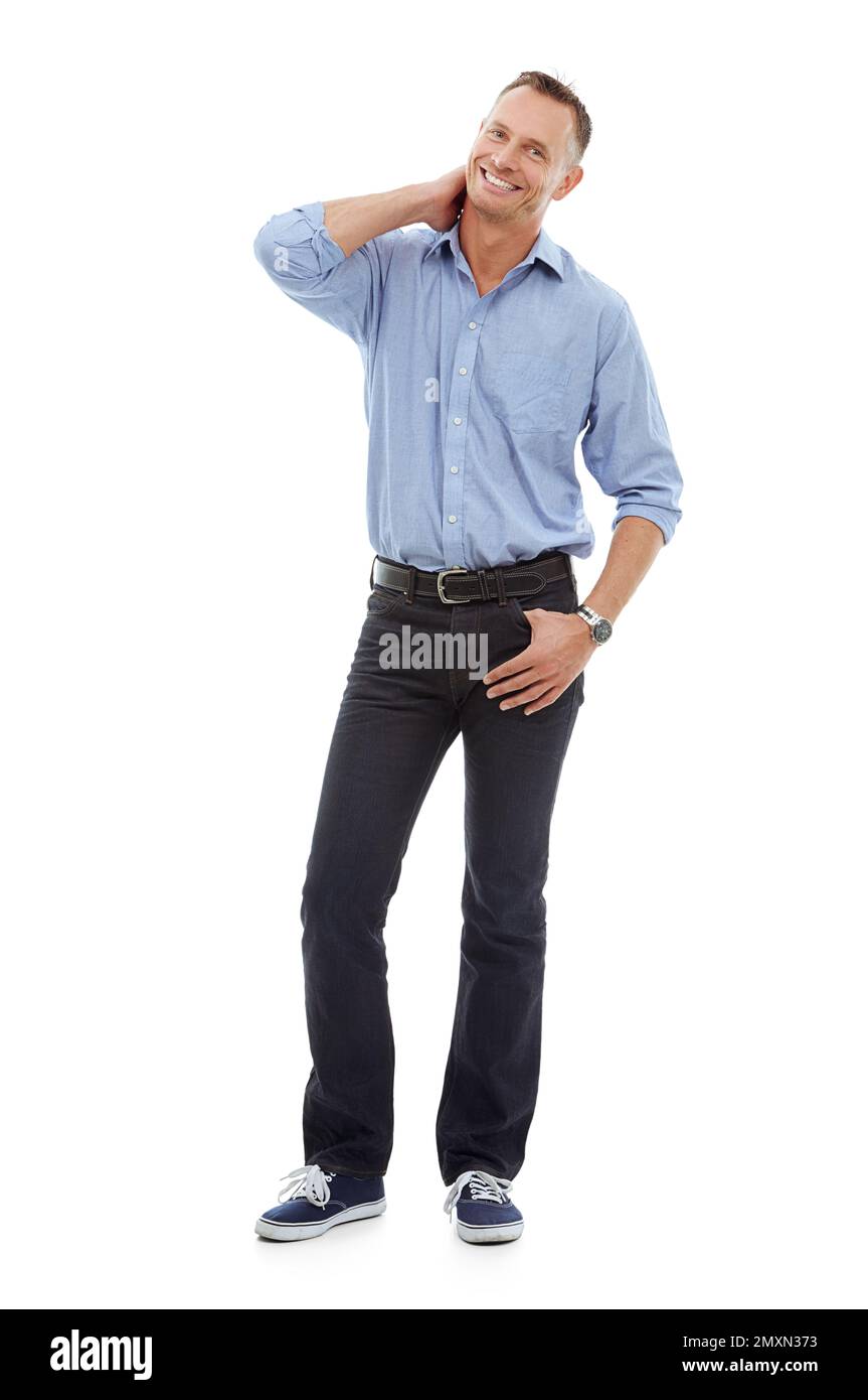 Portrait, fashion and man with smile, stylish and cheerful guy isolated ...