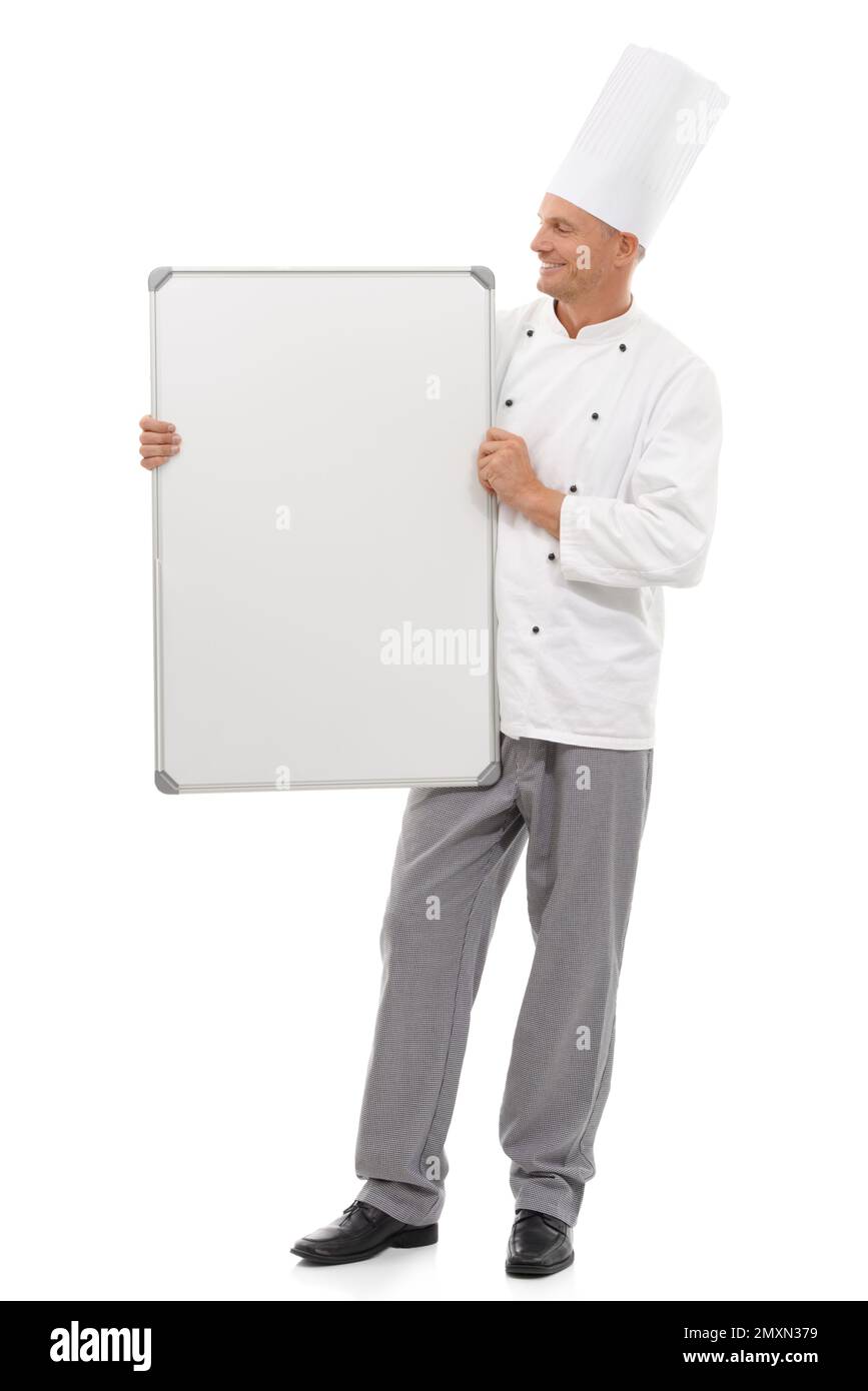 Chef man with board isolated on a white background for empty menu ...