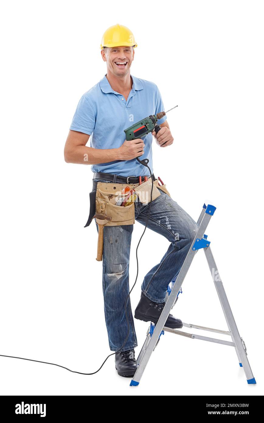 Portrait, construction and a DIY man in studio isolated on a white ...
