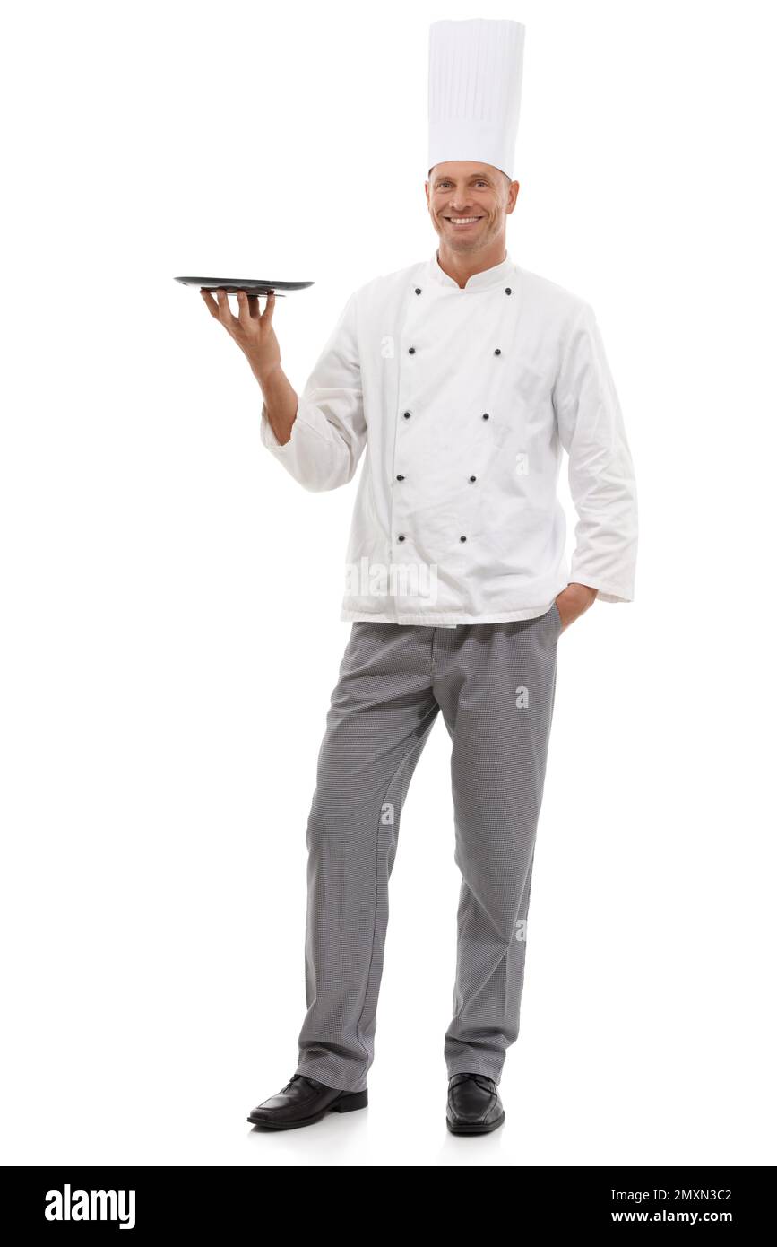 Portrait of chef holding empty tray, menu special and smile presenting ...