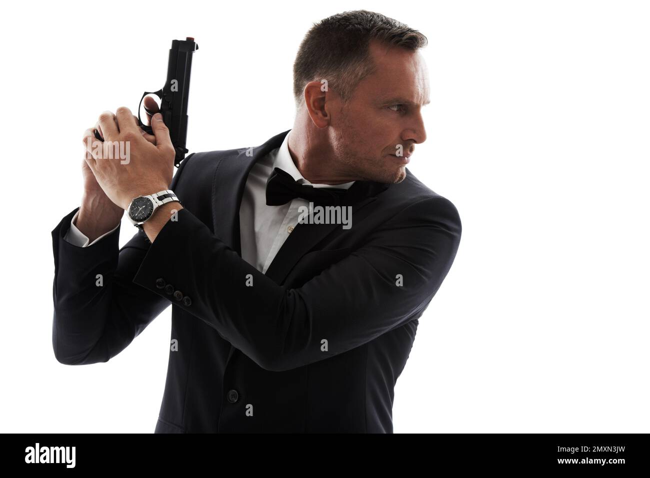 Spy, gun and secret agent model with isolated, white background and ...