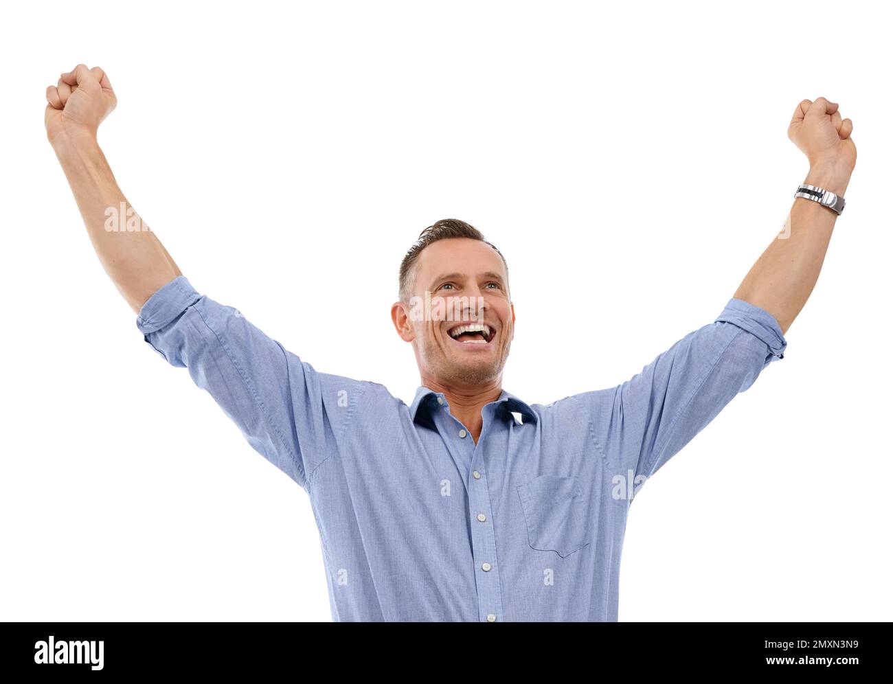 Yes, winner and man isolated on a white background for winning, success ...