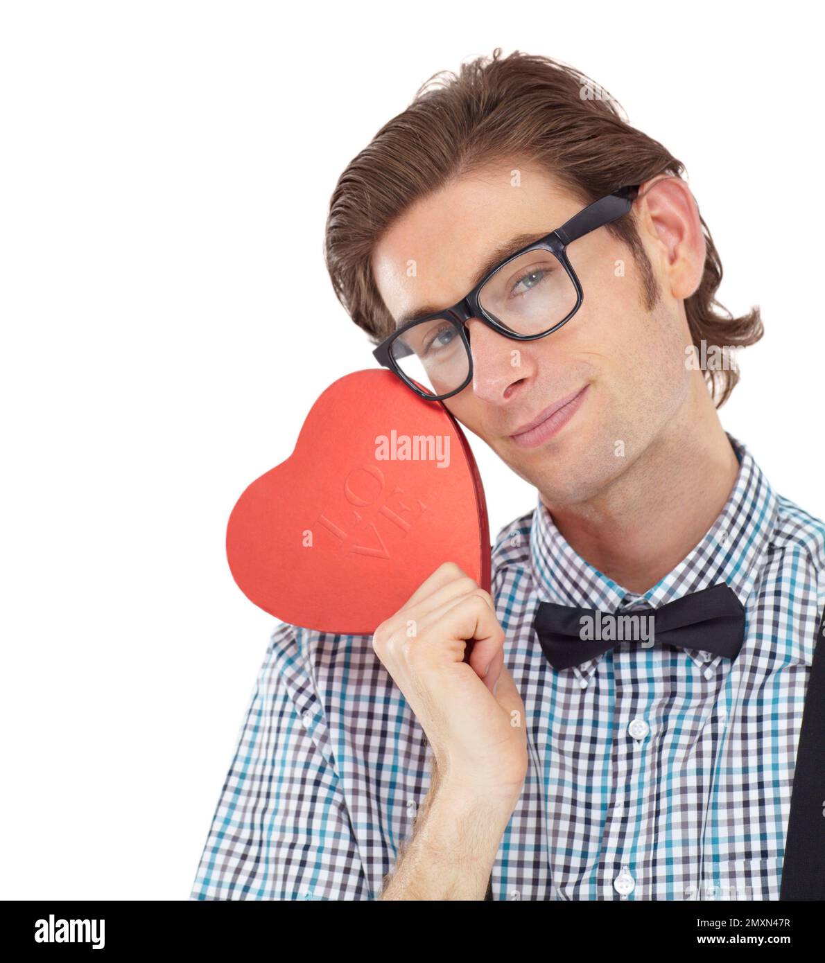 Love, nerd and portrait of man with heart emoji or icon for romance and ...