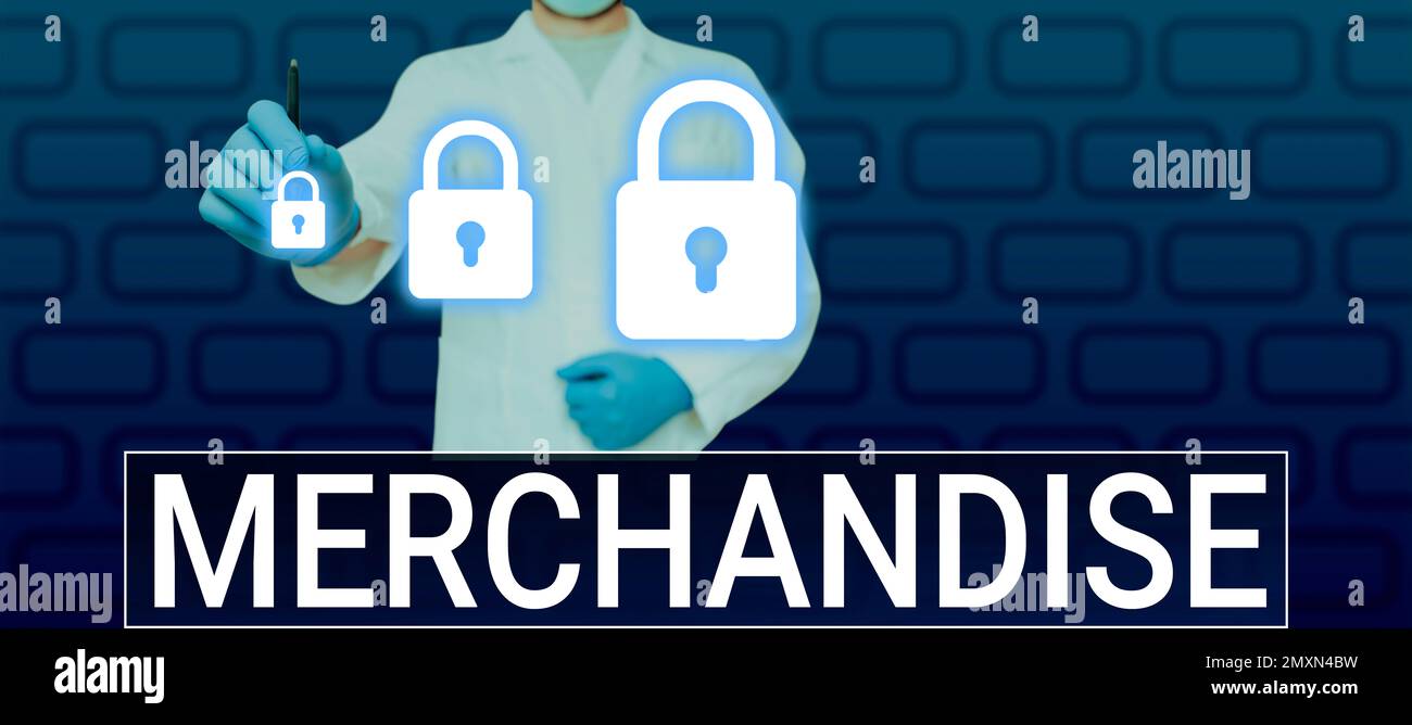 Sign displaying Merchandise. Business approach the commodities or goods ...