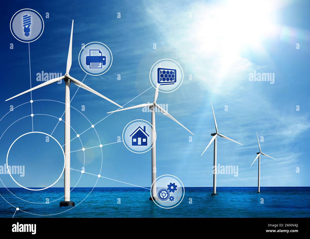 Alternative energy source. Floating wind turbines in sea and scheme ...