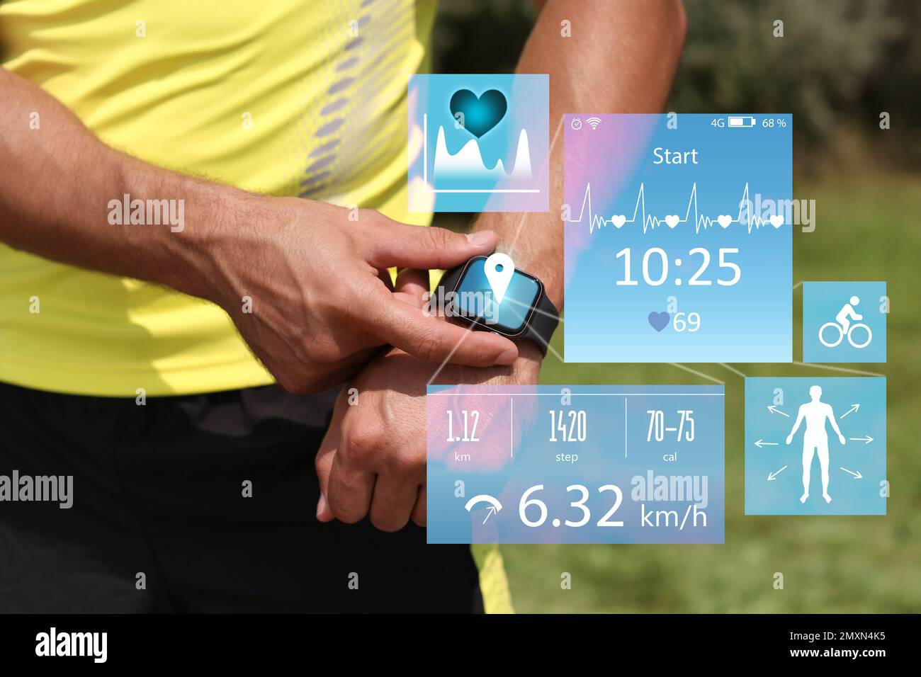 Man using smart watch during training outdoors, closeup. Illustrations ...