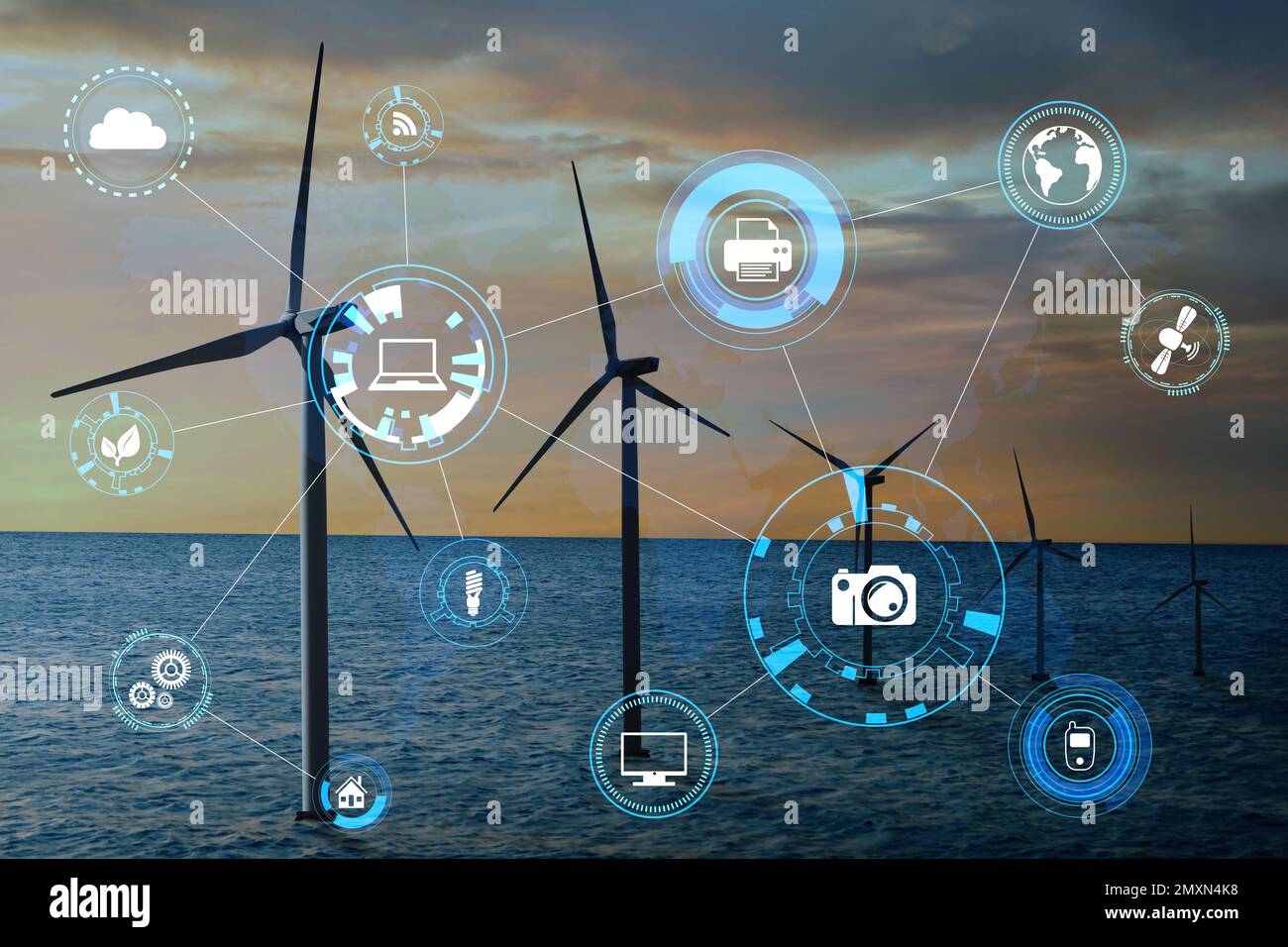Alternative energy source. Floating wind turbines in sea and scheme ...