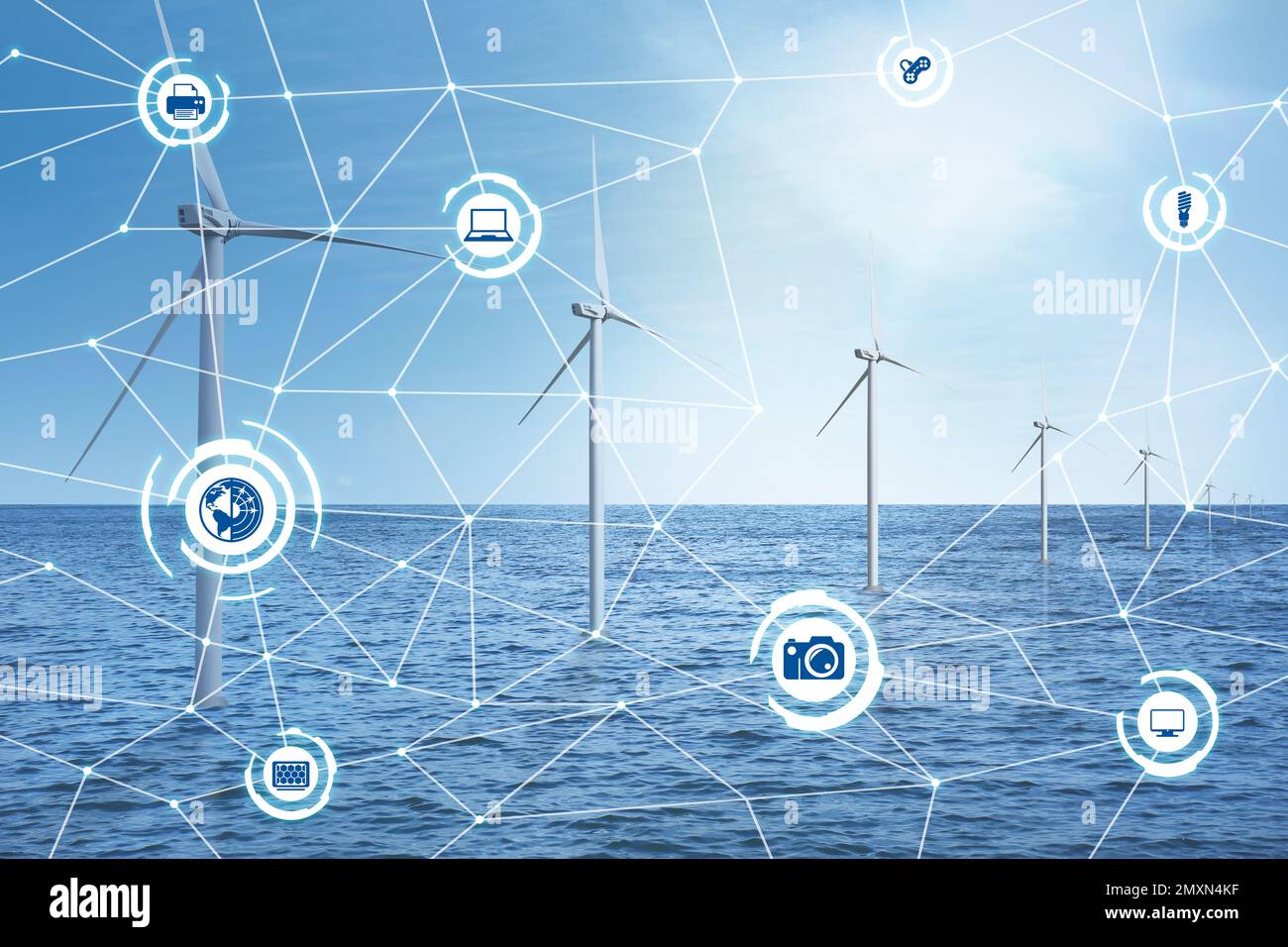 Alternative energy source. Floating wind turbines in sea and scheme ...