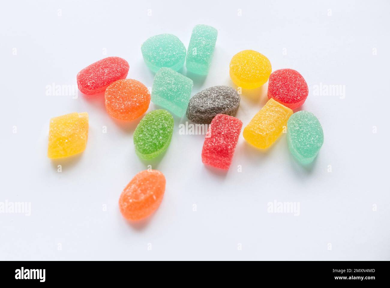 A fruit flavor of colorful sweet candy jelly bites coated with sugar ...