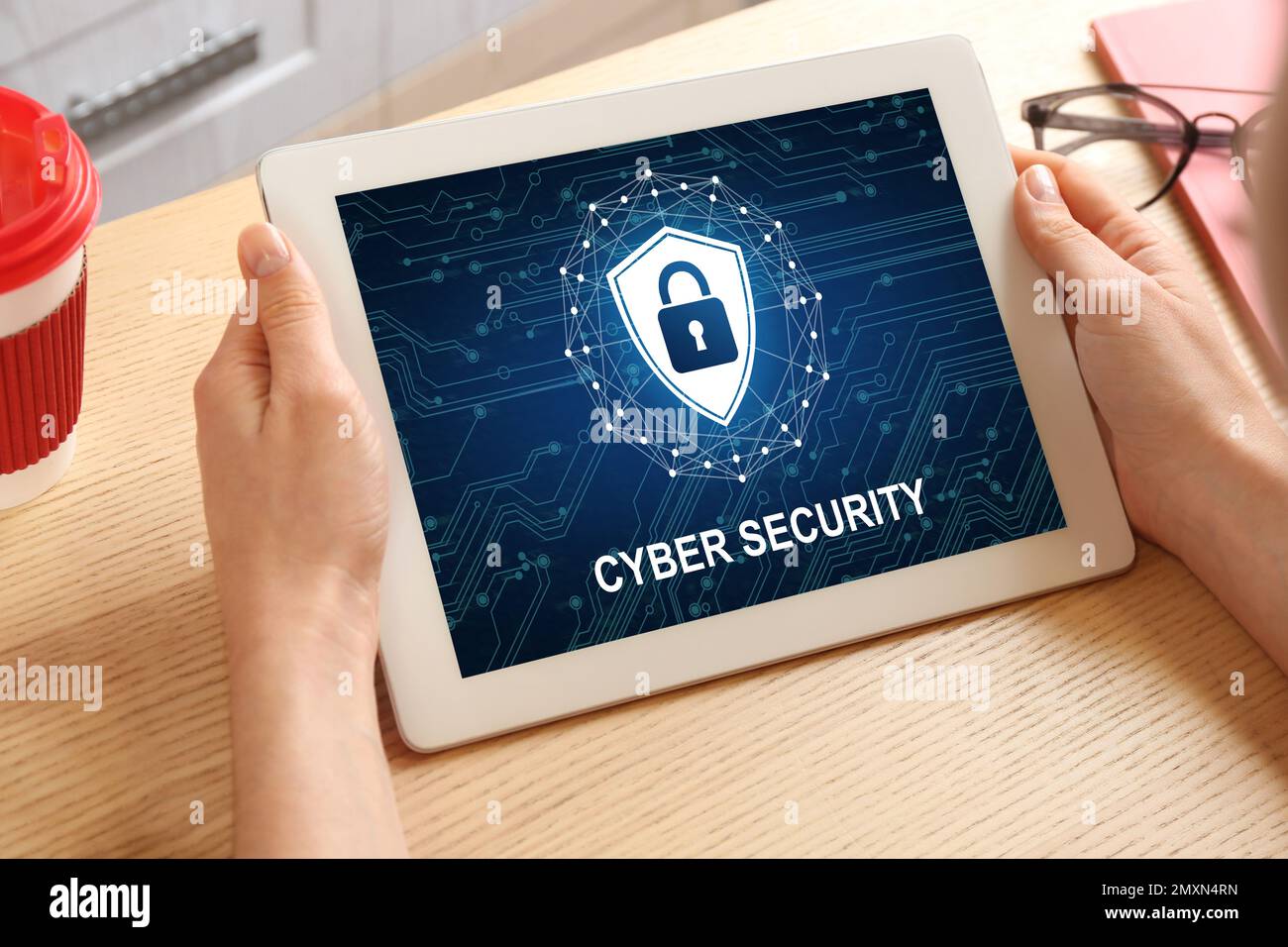 Cyber security concept. Woman using application on tablet, closeup ...