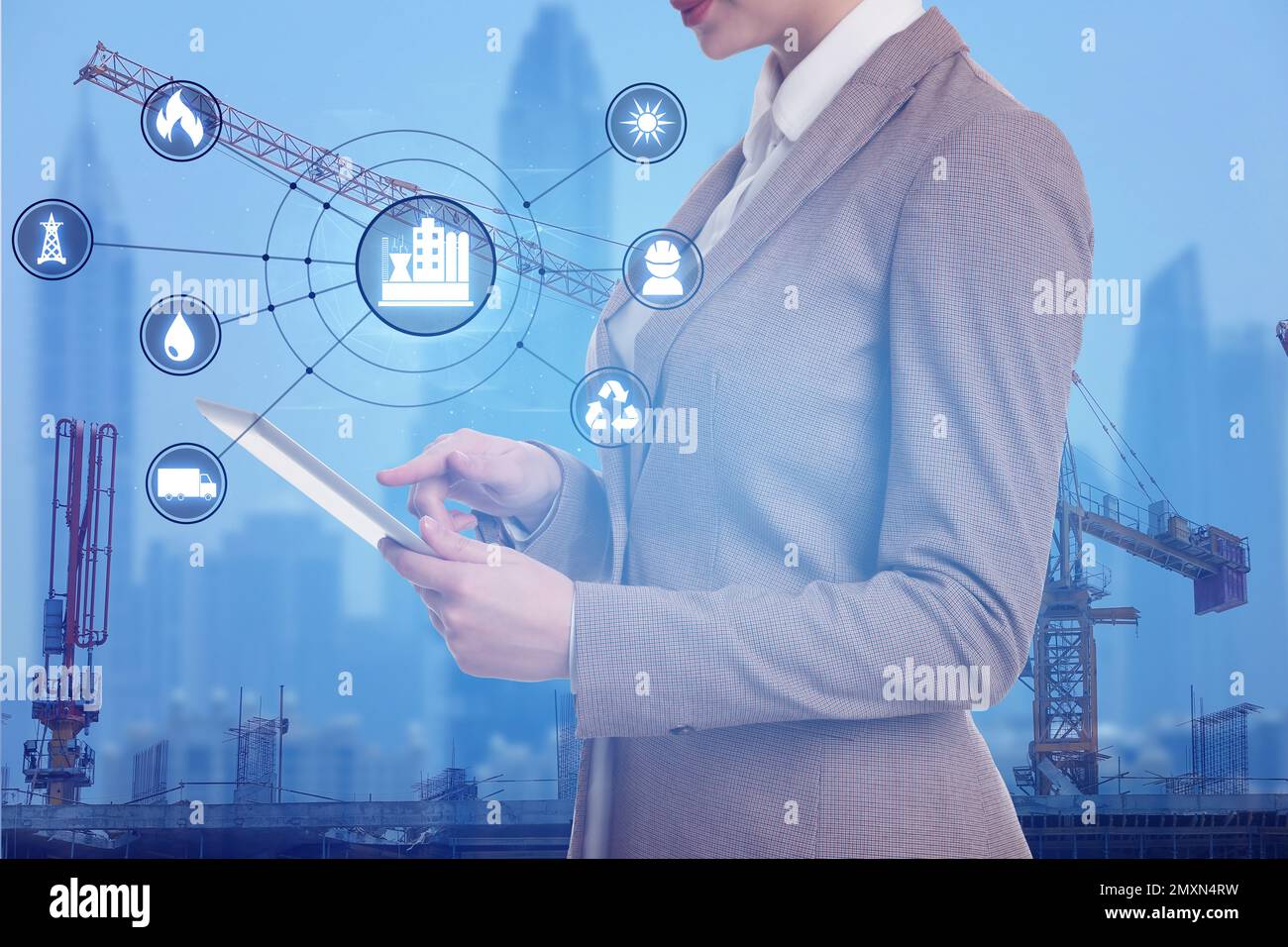 Multiple exposure of female engineer, scheme and construction crane ...