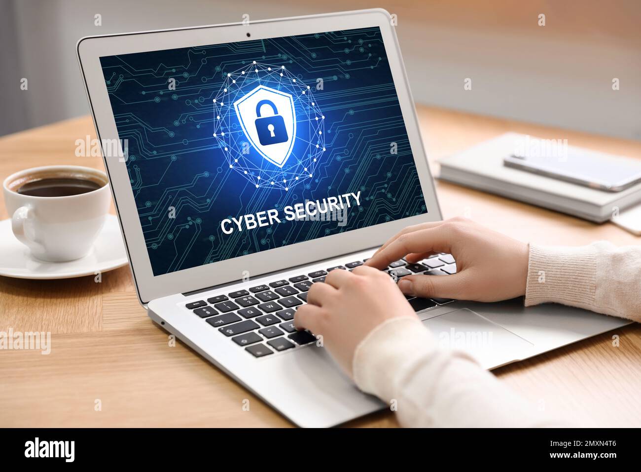 Cyber security concept. Woman using application on laptop, closeup ...