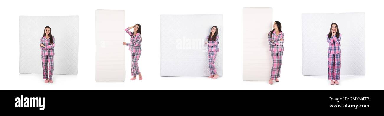 Collage with photos of young woman and mattresses on white background ...