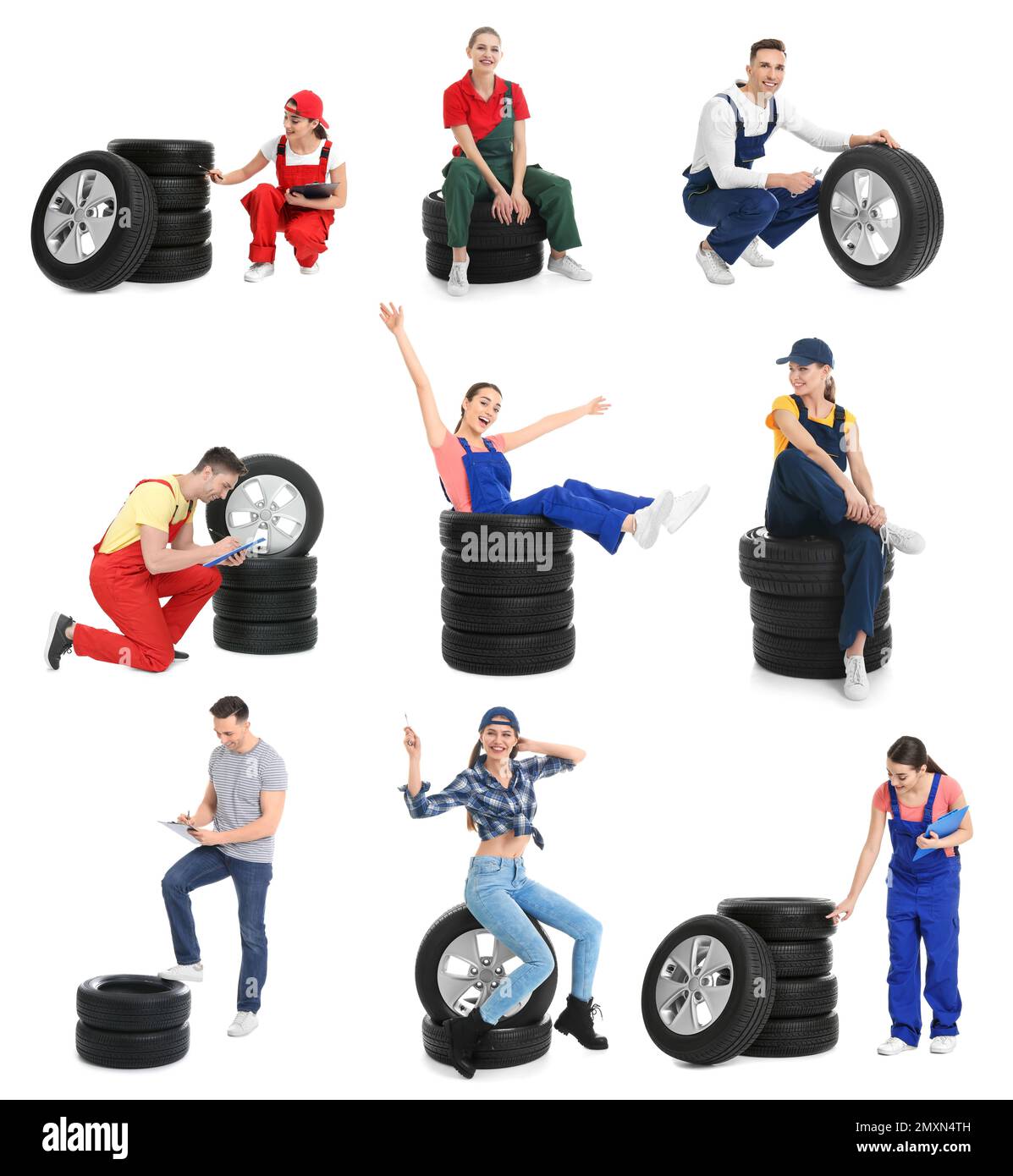 Collage with photos of young mechanics and tires on white background ...