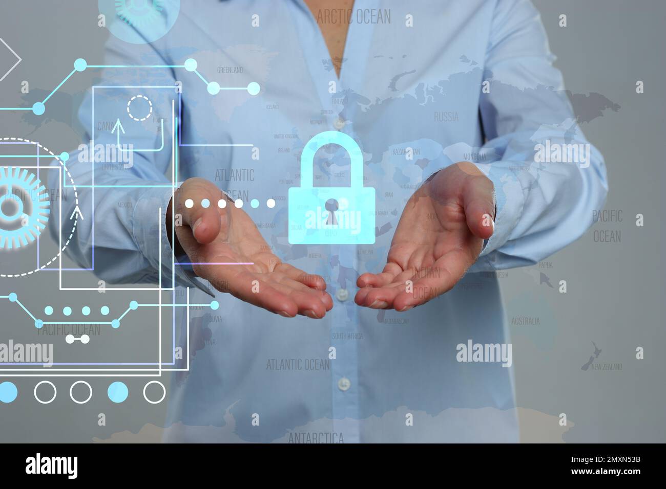 Cyber attack protection. Woman demonstrating scheme with lock ...
