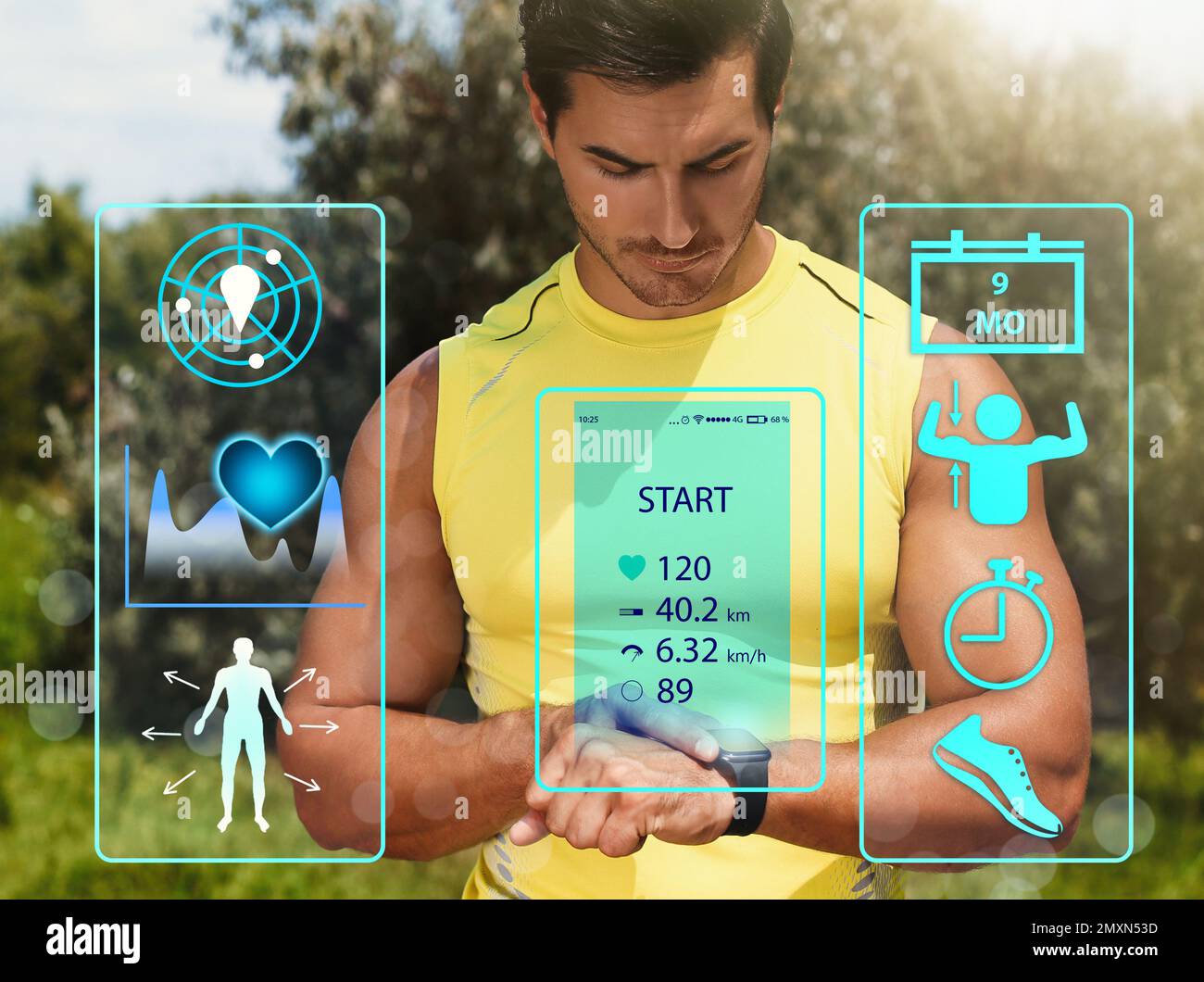 Man using smart watch during training outdoors. Illustrations near hand ...