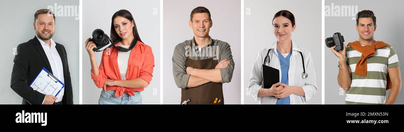 Collage with people of different professions on grey background. Banner ...