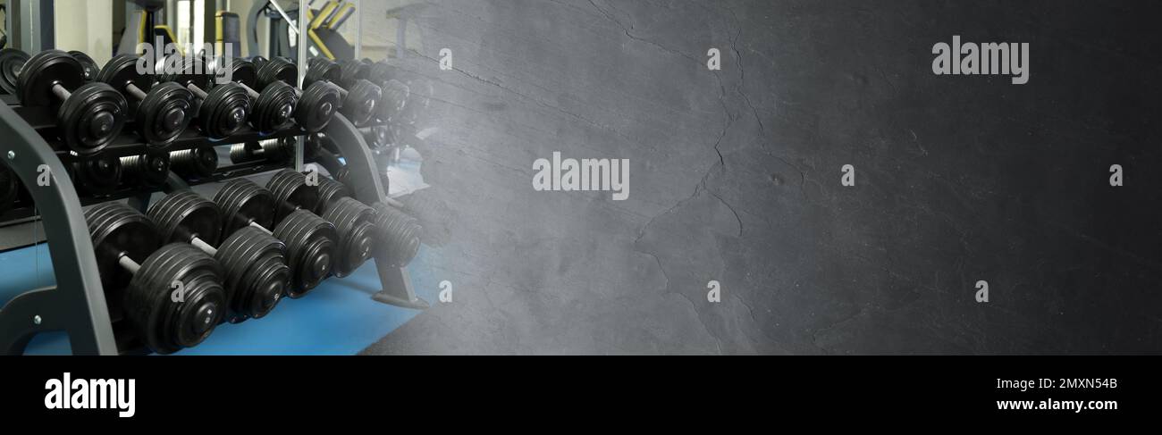 Collage of dumbbells in modern gym and grunge surface. Banner design ...