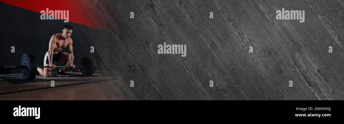 Collage with photo of strong man lifting barbell in modern gym and ...