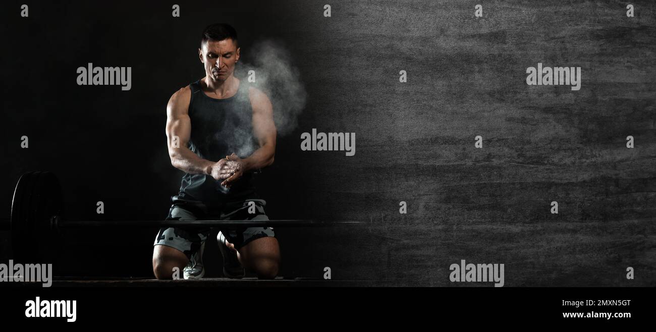 Collage with photo of strong man applying magnesium powder in modern ...