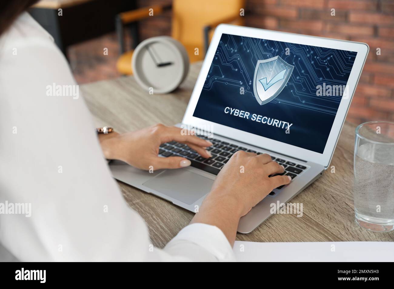 Cyber security concept. Woman using application on laptop, closeup ...