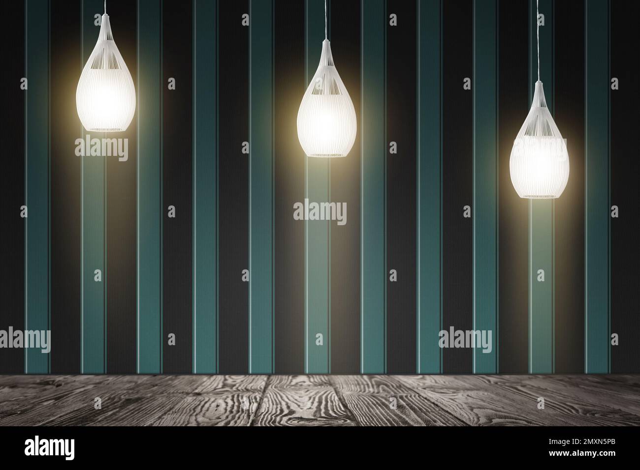 Striped wallpaper and glowing hanging lamps in room Stock Photo - Alamy