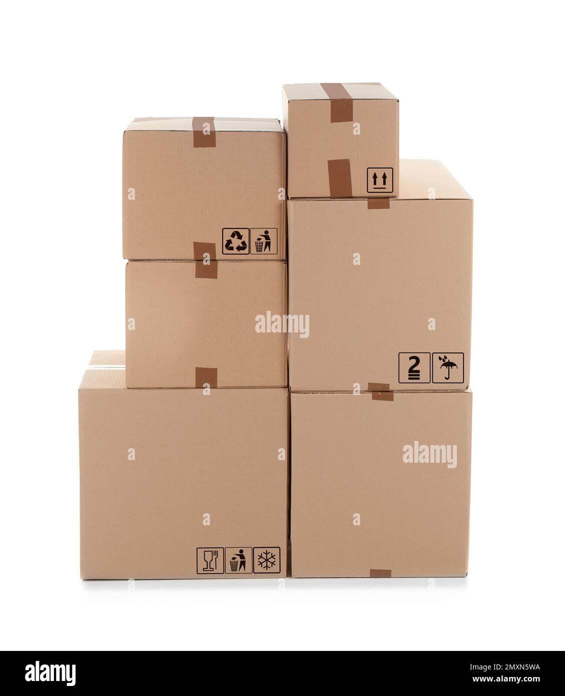 Parcel delivery. Cardboard boxes with different packaging symbols on ...