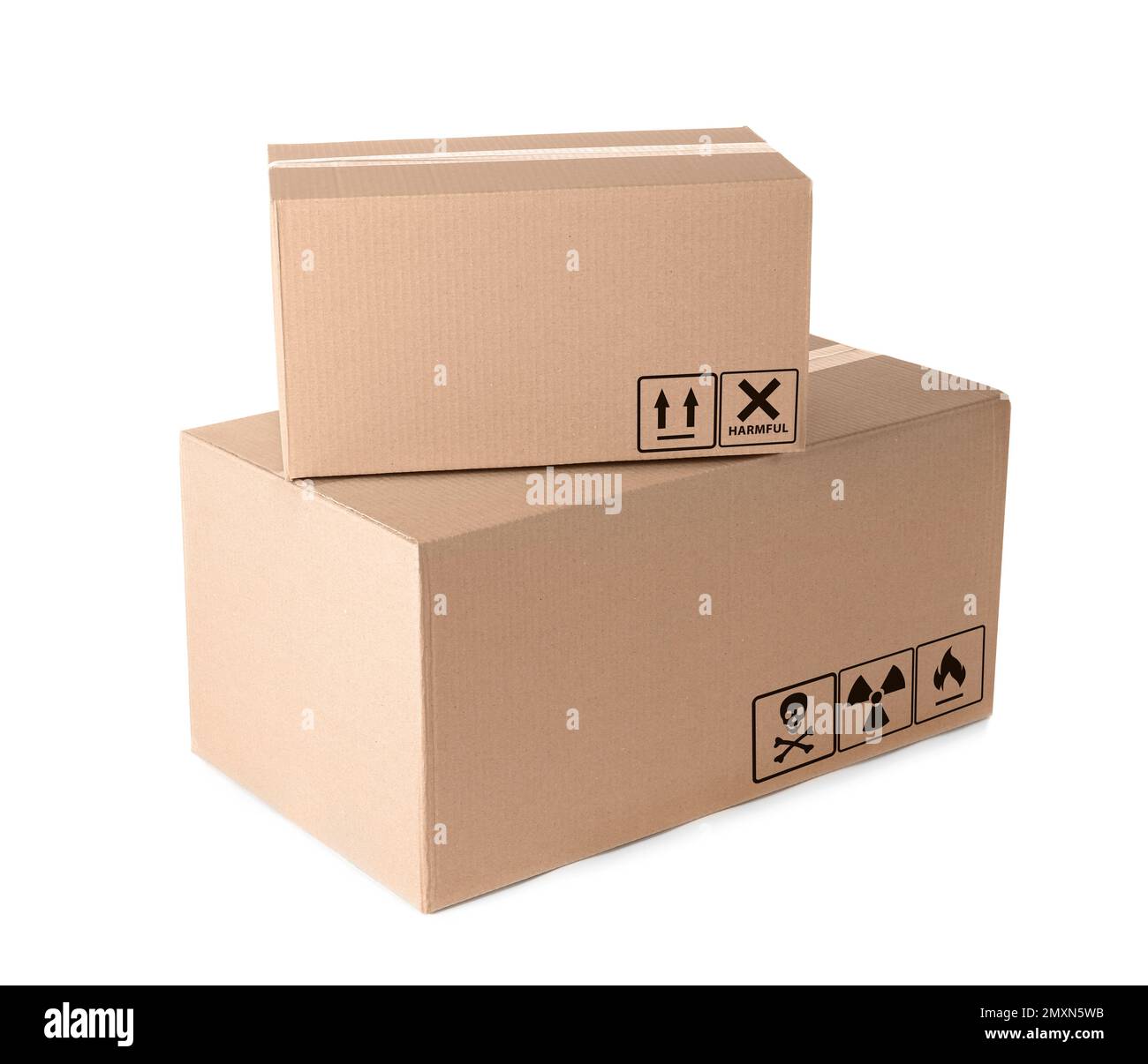 Cardboard parcels with different packaging symbols on white background ...