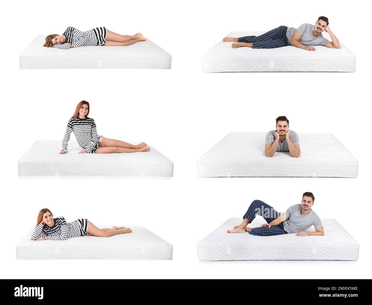 Collage with photos of woman and young man lying on mattresses against ...