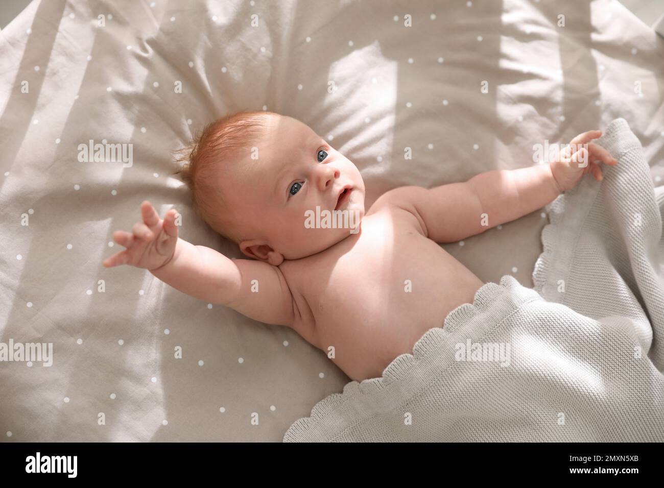 Cute little child lying in cot, above view. Healthy baby Stock Photo ...