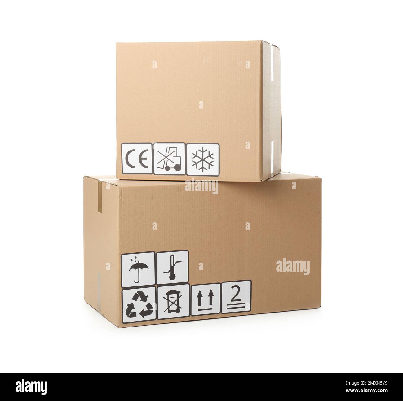 Cardboard boxes with different packaging symbols on white background ...