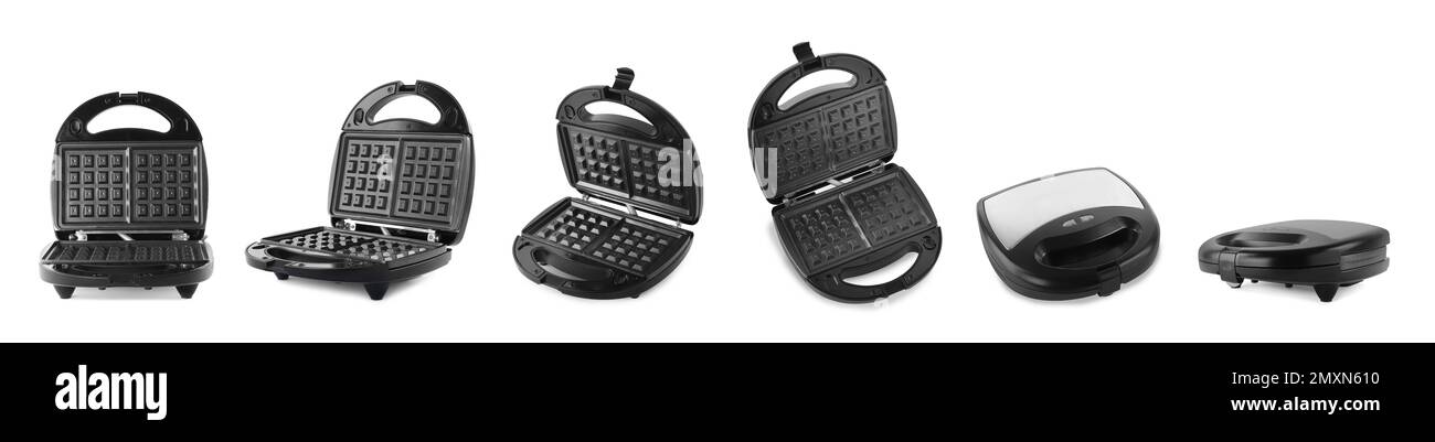 Set with modern electric waffle makers on white background. Banner ...