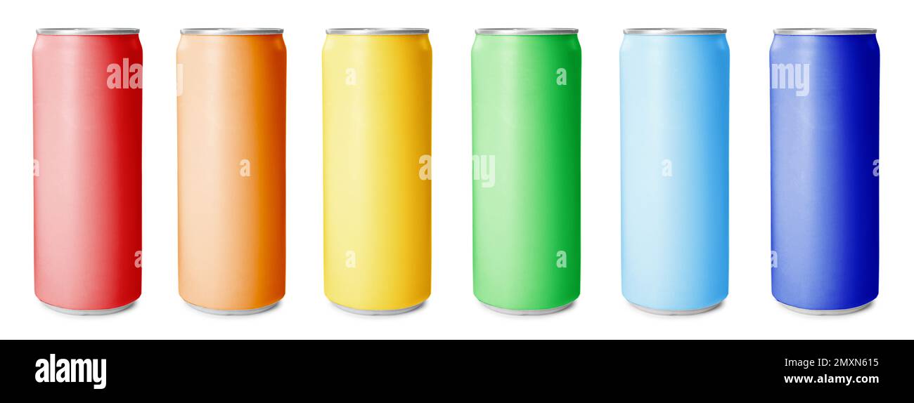 Set with aluminium drink cans in different colors on white background ...