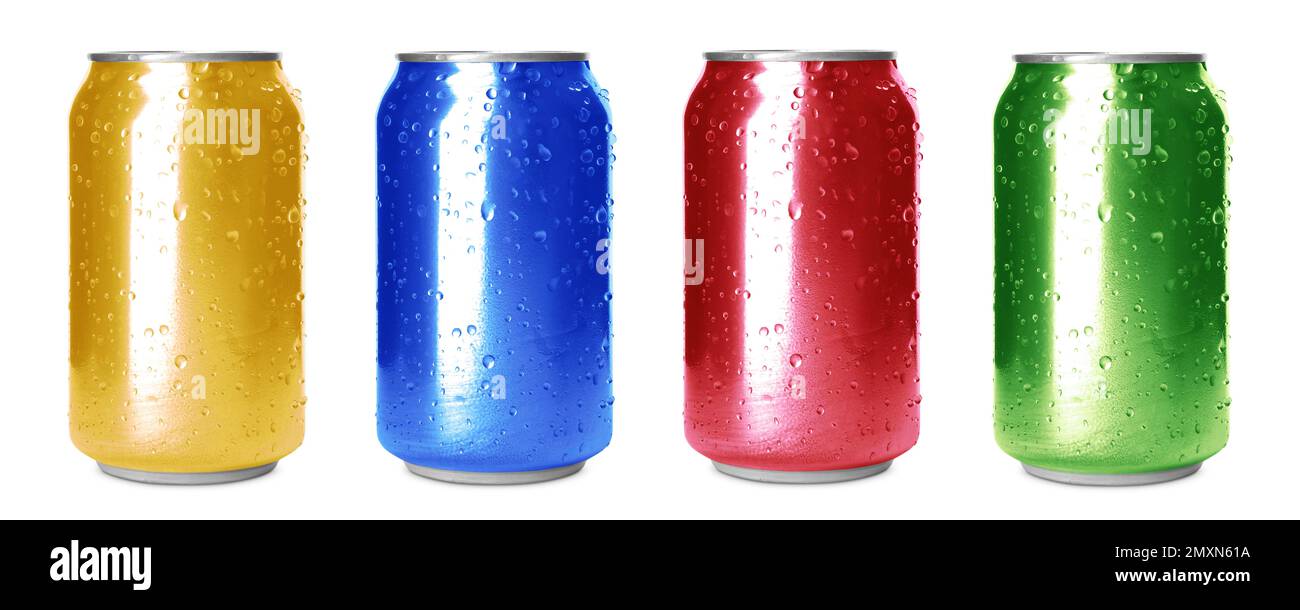 Set with aluminium drink cans in different colors on white background ...