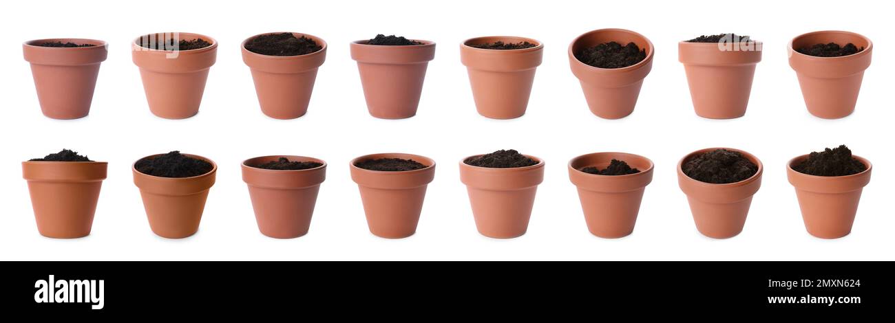 Set of flower pots with soil on white background. Banner design Stock ...