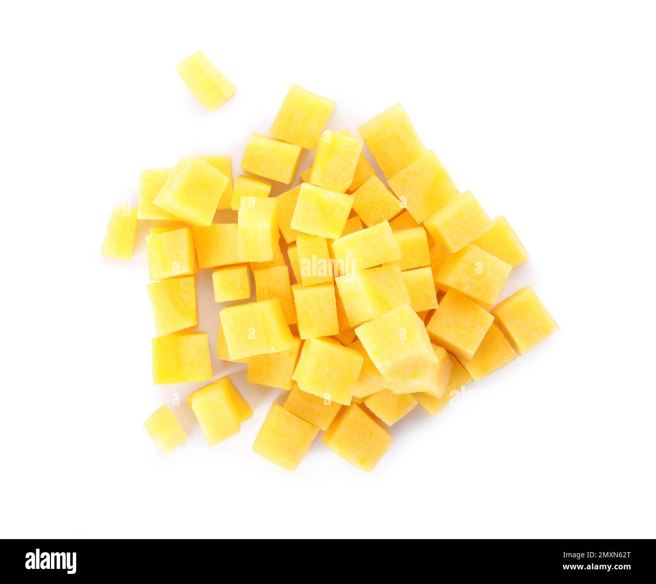 Raw yellow carrot cubes isolated on white, top view Stock Photo - Alamy