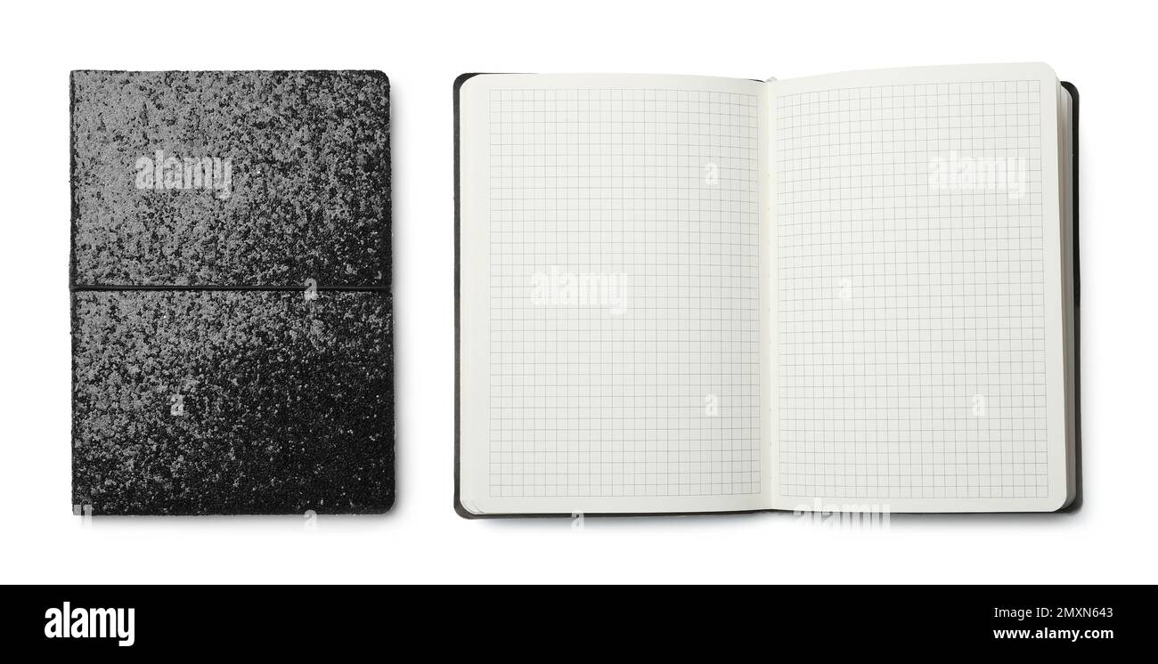 Open and closed notebook on white background, top view Stock Photo - Alamy