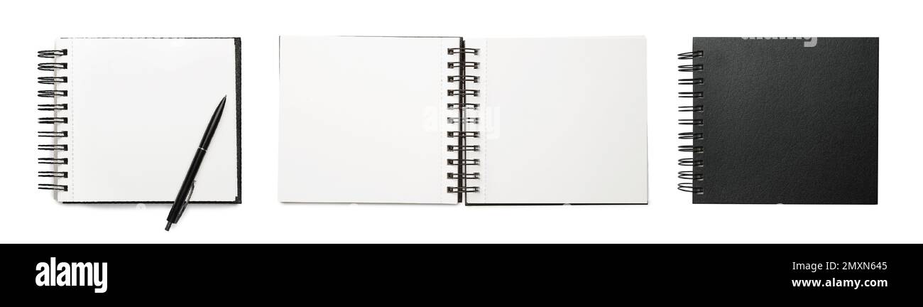 Set of notebooks on white background, top view. Banner design Stock ...