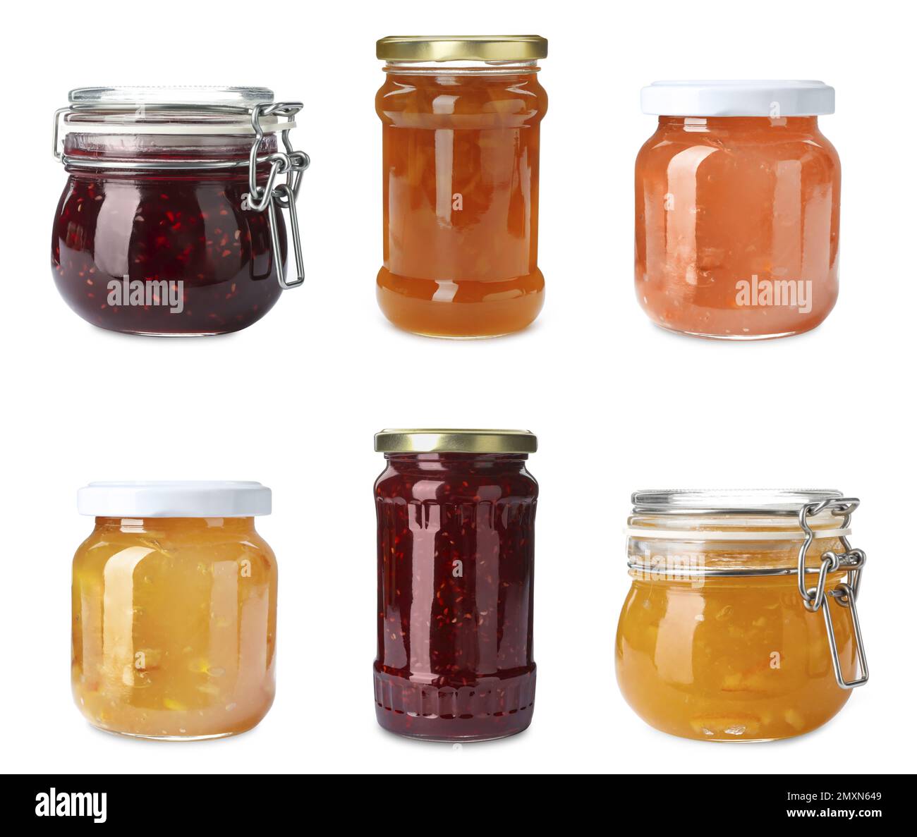 Set of jars with delicious jams on white background Stock Photo - Alamy