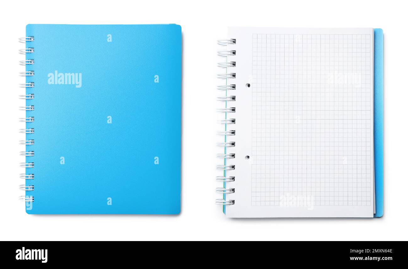 Open and closed notebook on white background, top view Stock Photo - Alamy