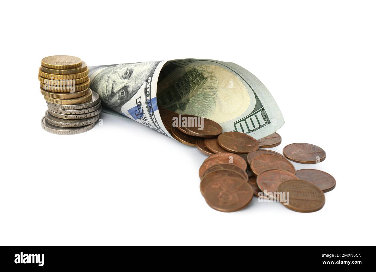Dollar bill and coins isolated on white Stock Photo - Alamy